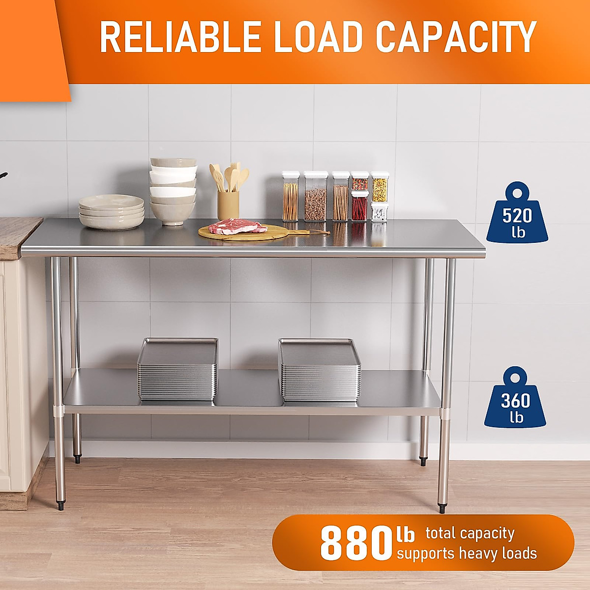 HOCCOT Stainless Steel Table for Prep & Work 24" X 60" inches with Adjustable Shelf, Commercial Workstations, Utility Table in Kitchen Garage Laundry Room Outdoor BBQ