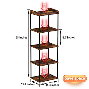 fnmobe 5-Tier Narrow Book Shelf, Tall Industrial Wood Bookcase, Vintage Storage Rack and Standing Bookshelves Display Rack for Home Office, Living Room, Bedroom, Kitchen, Rustic Brown
