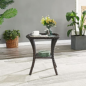HUMMUH Patio Wicker Side Table Outdoor, Rattan End Table Glass Top Coffee Table with Storage Brown