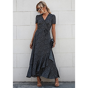 PRETTYGARDEN Women's Summer Wrap Maxi Dress Casual Boho Floral V Neck Short Sleeve Ruffle Hem Split Beach Long Dresses (Black,XX-Large)