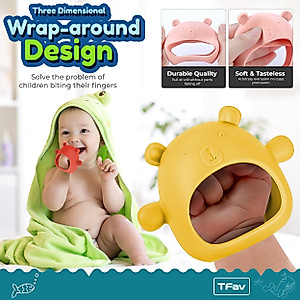 TFav Baby Bear Teether for Babies -3 pcs Pink, Yellow & Red -Silicone Mitten teether for 3 Months+ Boys & Girls -Hand Pacifier That Fits on Fist -Calm Down The Fussy Baby Calm Down Fussy Baby