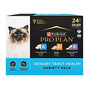 Purina Pro Plan Urinary Cat Food Wet Variety Pack Urinary Tract Health Ocean Whitefish, Chicken, Turkey and Giblets - (Pack of 24) 3 oz. Cans