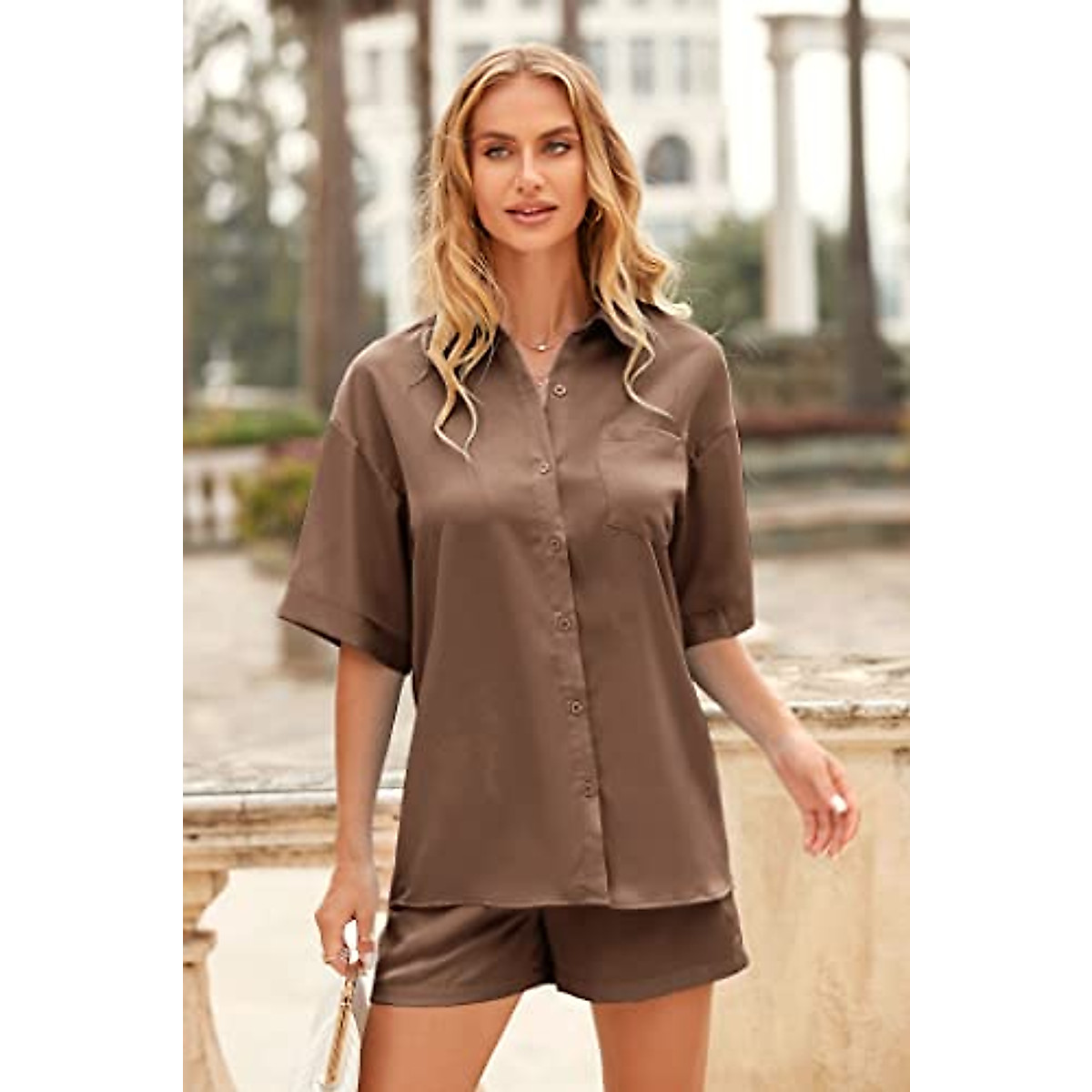 PRETTYGARDEN Women's 2 Piece Satin Pajama Sets Short Sleeve Button Down Tops And Shorts Set 2023 Summer Pjs Silk Sleepwear (Brown,Small)