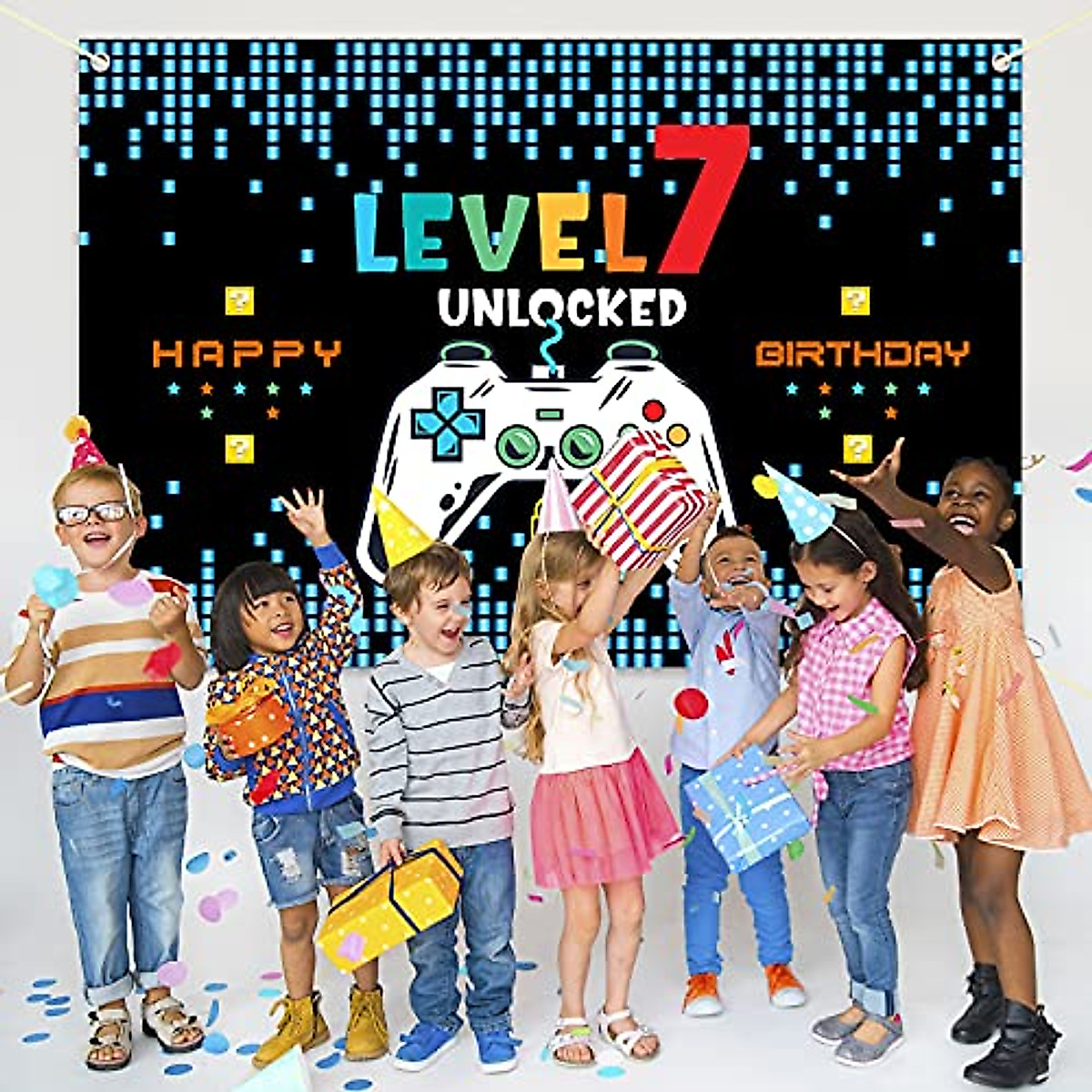 HAMIGAR 6x4ft Happy 7th Birthday Baner Backdrop - Level 7 Unlocked Birthday Decorations Party Supplies for Boys - Blue