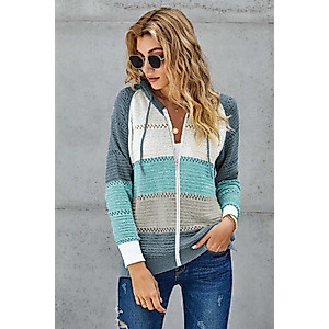 SMENG Womens Cardigan Knit Sweater Hoodies Striped Color Block Drawstring Sweatshirts V Neck Blue XL