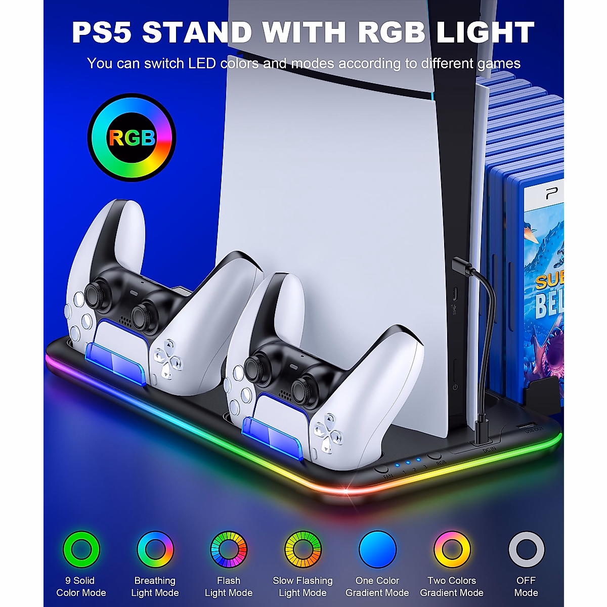 PS5/PS5 Slim Stand and Cooling Station with Controller Charging Station for Playsation 5, PS5 Accessories Kit Incl. 3 Levels Cooling Fan, LED, 15 Game Slot, Headset Holder for PS5 Digital/Disc Console