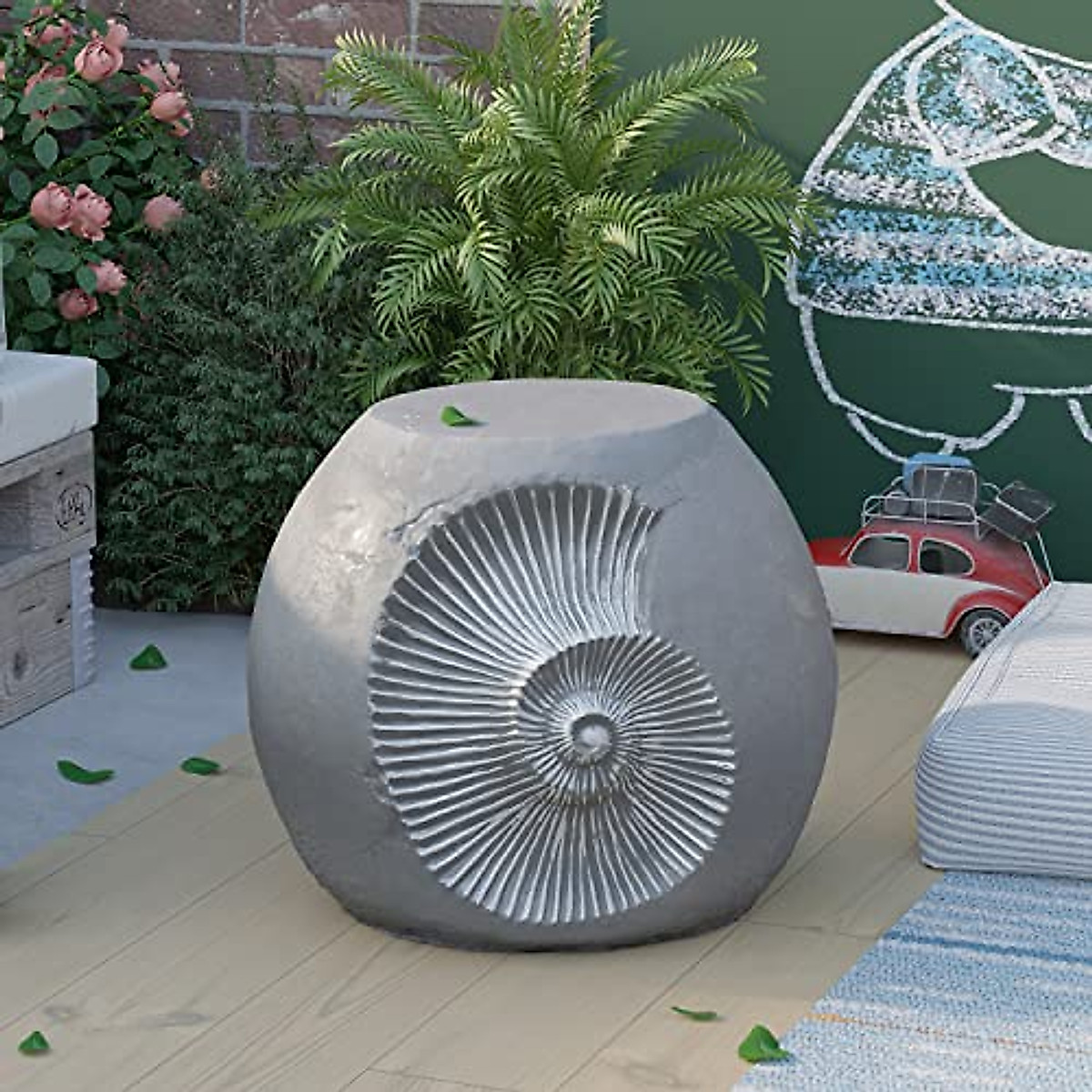 COSIEST Nautilus Sculpture End Table, 15.8x15 inch Concrete Finish Accent Table, Round Side Table for Garden Yard Patio, Light Gray