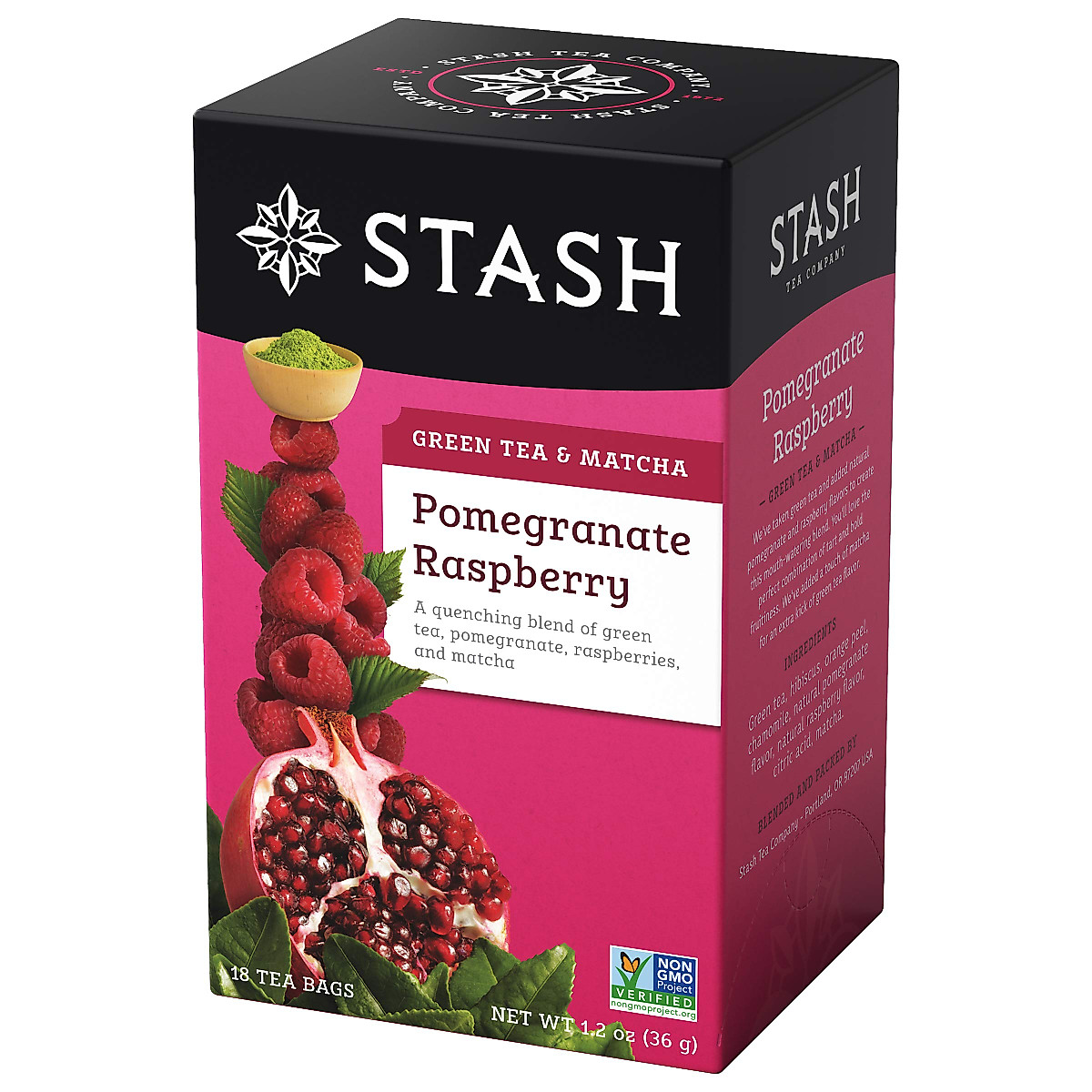 Stash Tea Pomegranate Raspberry & Matcha Green Tea - Caffeinated, Non-GMO Project Verified Premium Tea with No Artificial Ingredients, 18 Count (Pack of 6) - 108 Bags Total