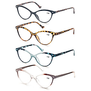 MODFANS 4 Pack Cat Eye 1.5 Reading Glasses for Women,Fashion Ladies Design Comfortable Spring Hinge Stylish 4 Pair Women Readers with 4 Pouch