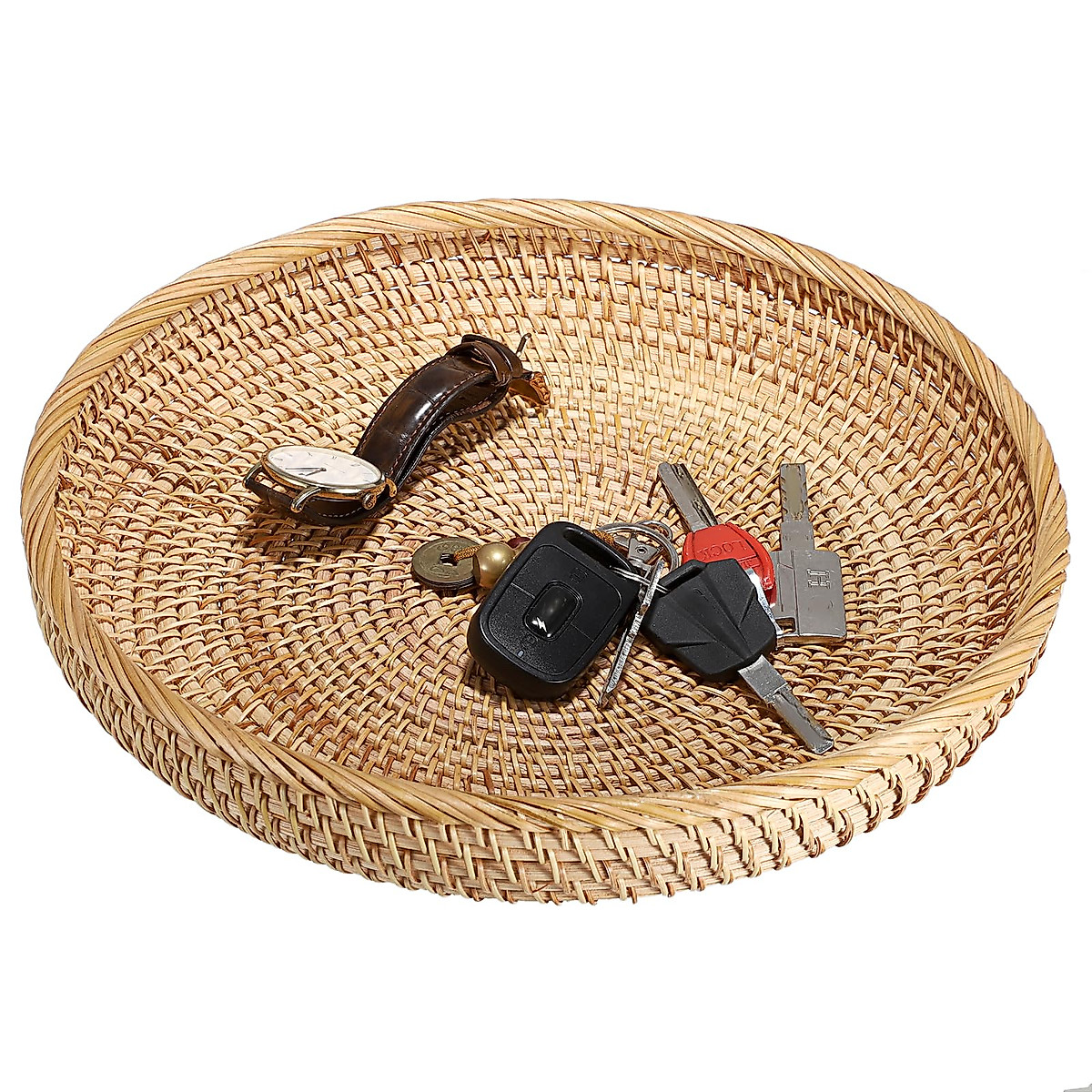 Hipiwe Round Key Basket Bowl for Entryway Table, 11.8" Large Rattan Basket Tray Decorative Ottoman Trays Centerpiece Tray for Coffee Table, Hand-Woven Fruit Basket Wicker Serving Tray