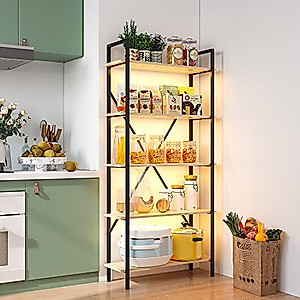 HNEBC 5 Tier LED Bookshelf,Modern Bookcase Open Storage Shelving with Smart Sensing 3 Colors LED Strip,Industrial Style Tall Bookshelf Floating Shelves/Bookcases for Room Living Room Office(Wood)