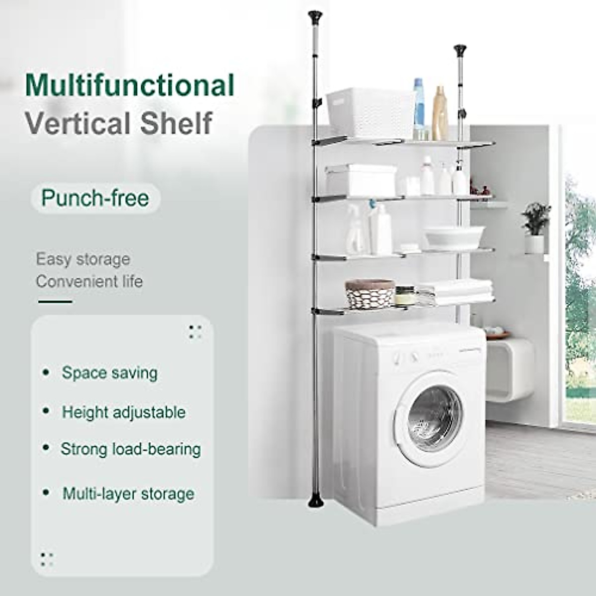 Hershii 4-Tier Over The Toilet Storage Rack Bathroom Space Saver Laundry Shelf Above Washer Dryer Organizer Unit Stand Double Tension Poles, Adjustable Height & Width - Black