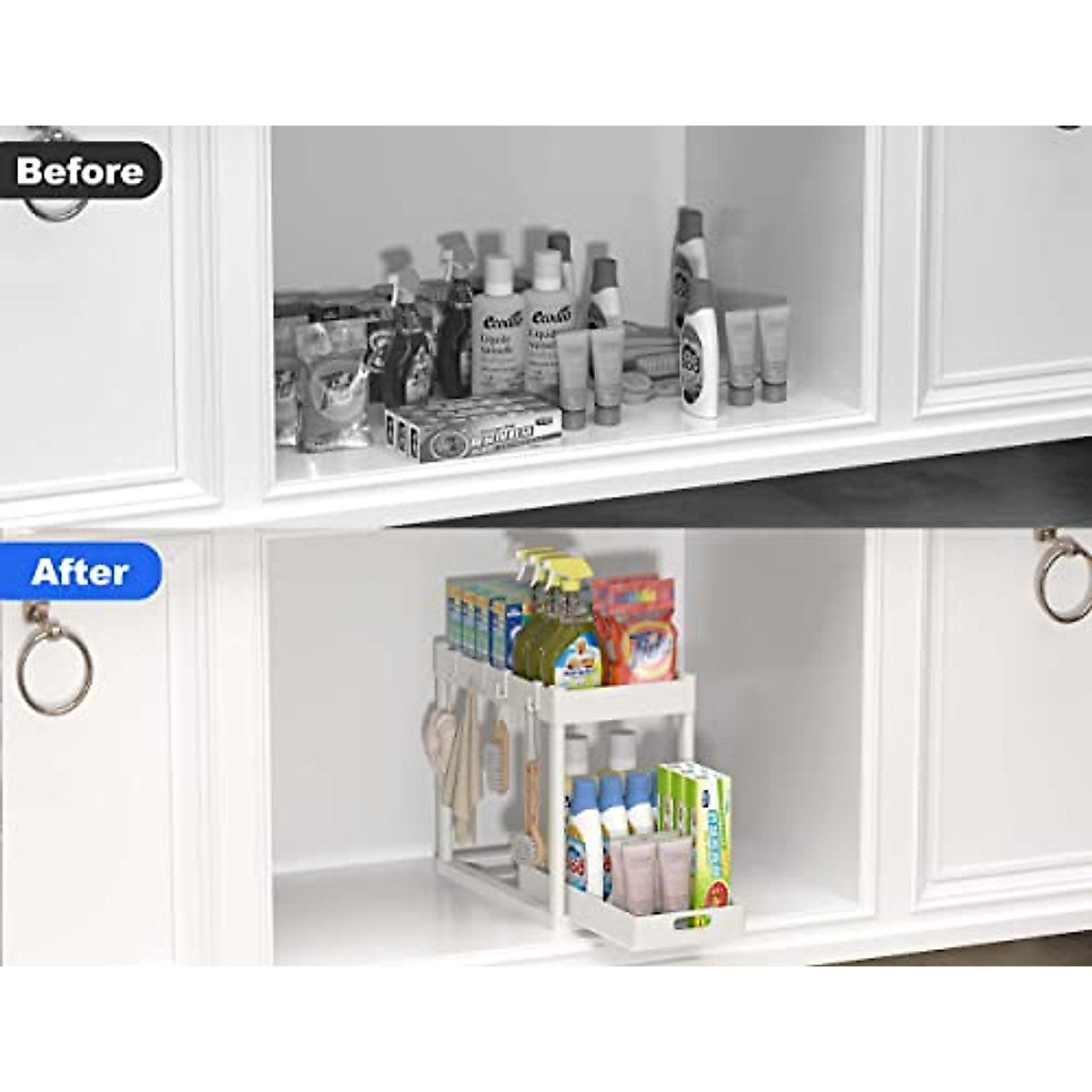 2PC Under Sink Organizer Rack 2 Tier Under Sliding Cabinet Basket Organizer Drawer with 4 Hooks, Multi-purpose Under Sink Storage for Bathroom Kitchen Desktop（White）