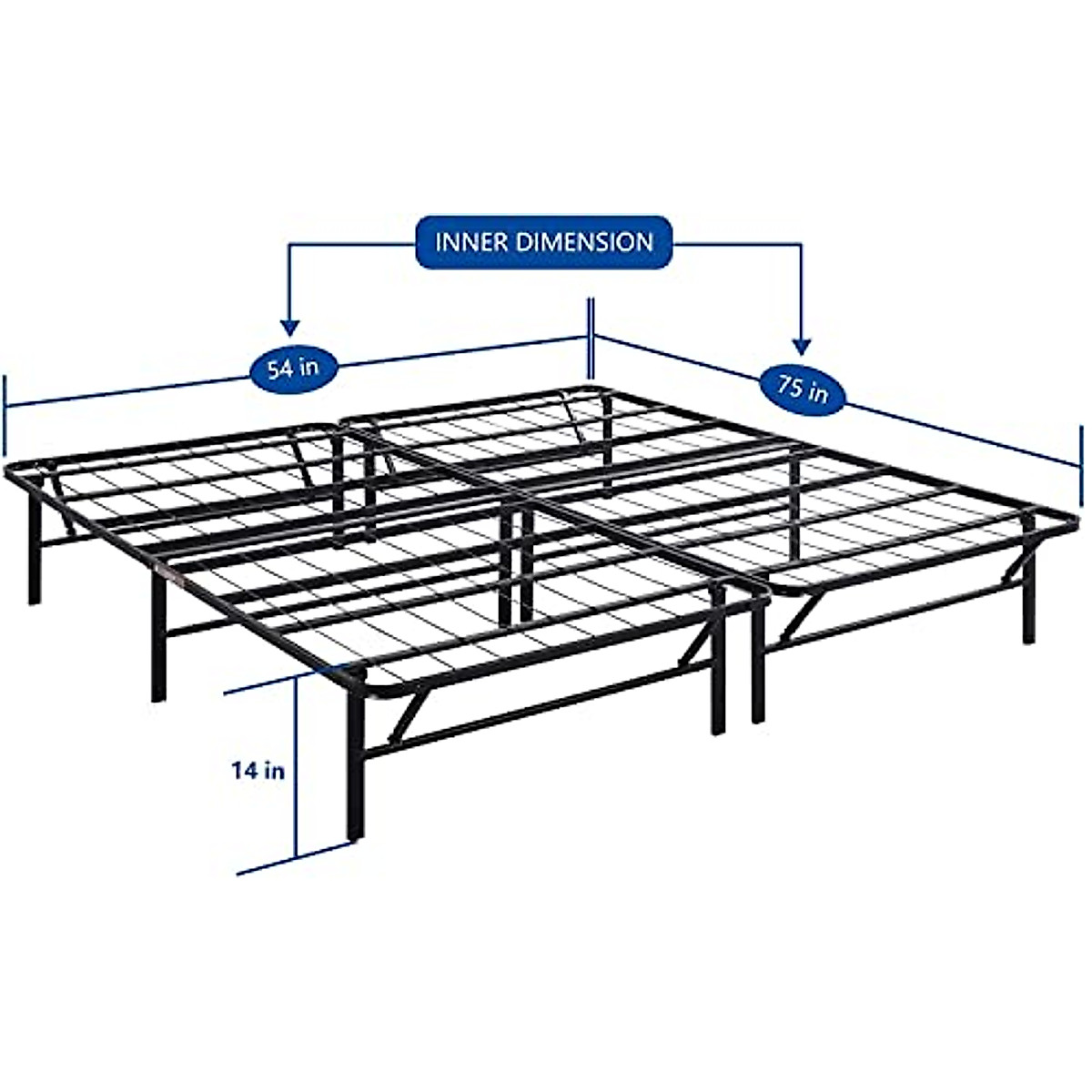 Olee Sleep 14 Inch Foldable Dura Metal Platform Bed Frame, Full Size, Comfort Base Bed Frame, Height for Under-Bed Storage, Black