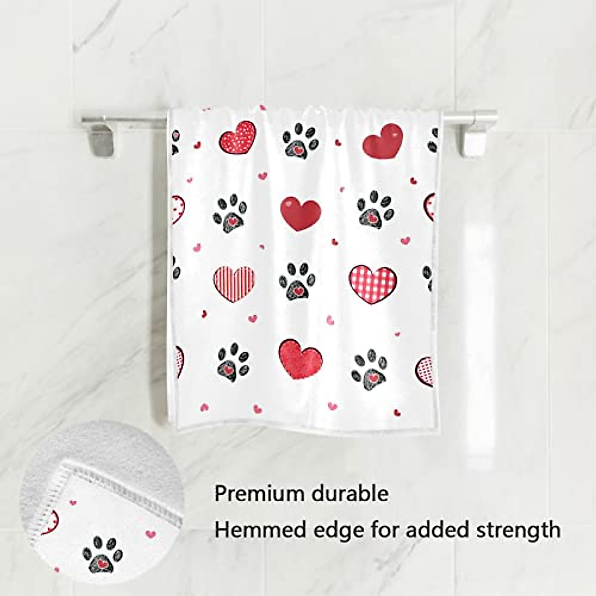 Vdsrup Dog Paws Love Hearts Hand Towels Valentine's Day Bathroom Theme Towel Soft Bath Guest Face Towel Absorbent Kitchen Tea Dish Towels Washcloths 16 X 30 in