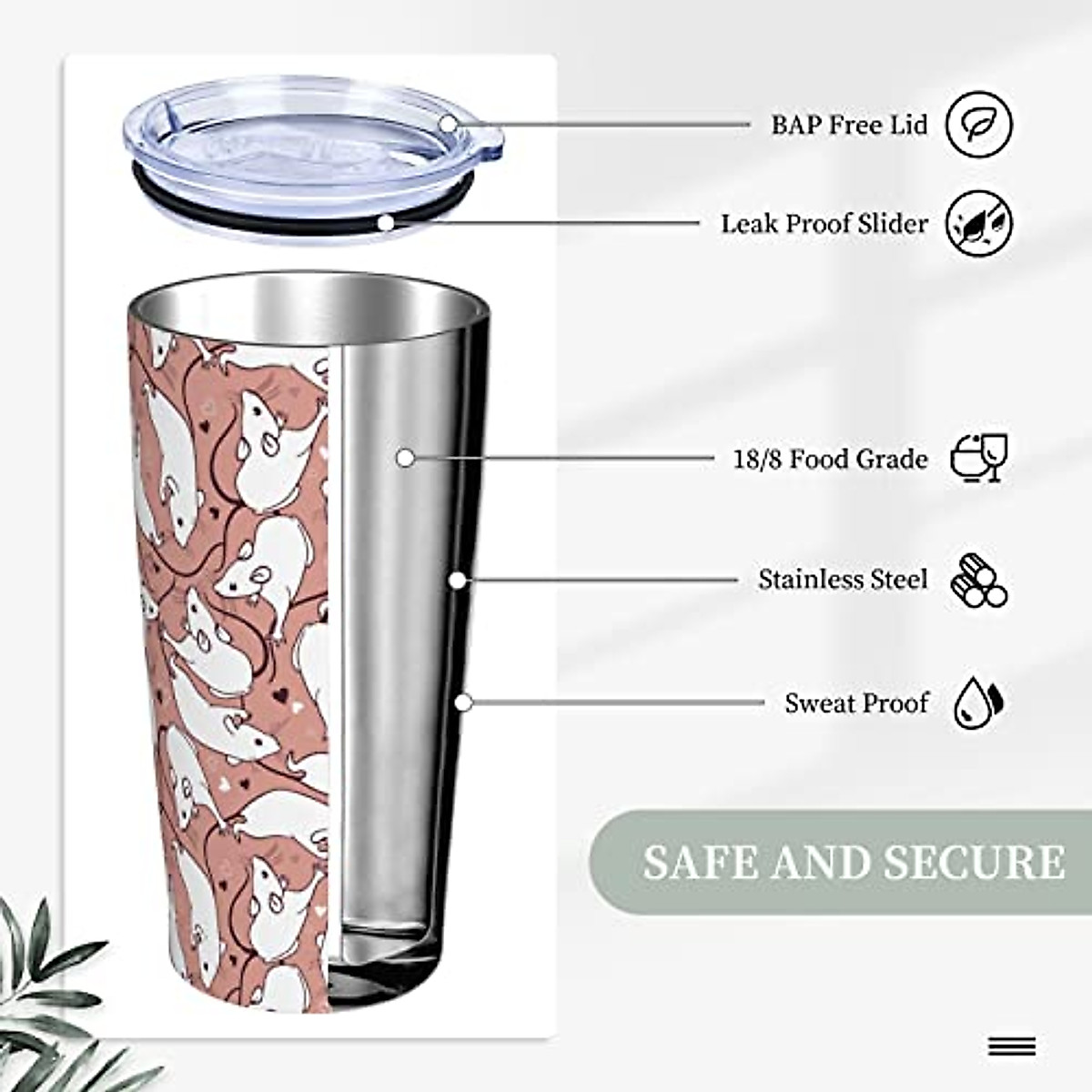 White Rats Stainless Steel Tumbler With Lid And Straw 20oz Insulated Coffee Mug & Tea Cup Travel Coffee Mug Car Thermos Cup