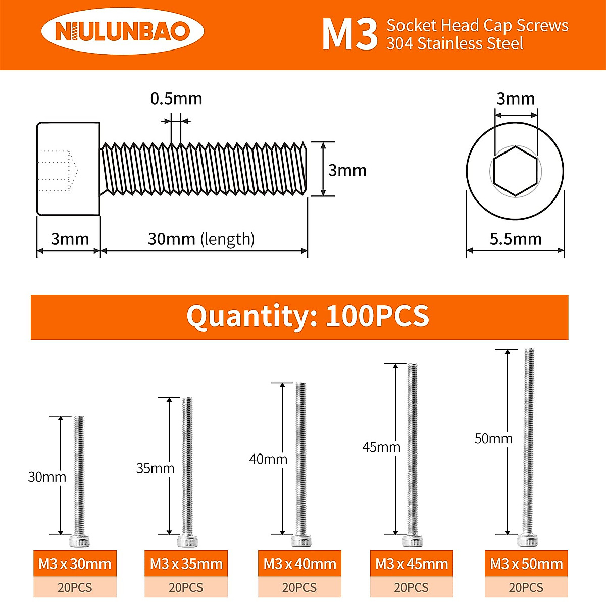 NIULUNBAO M3 x 30mm 35mm 40mm 45mm 50mm Hex Socket Head Cap Screws Bolts, 304 Stainless Steel, Metric Machine Fully Threaded, Bright Finish, Allen Hex Drive, Assortment Kit 100PCS