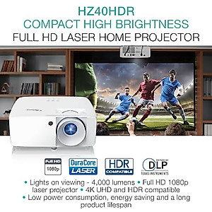 Optoma HZ40HDR Compact Long Throw Laser Home Theater and Gaming Projector, 1080p HD with 4K HDR Input, High Bright 4,000 Lumens