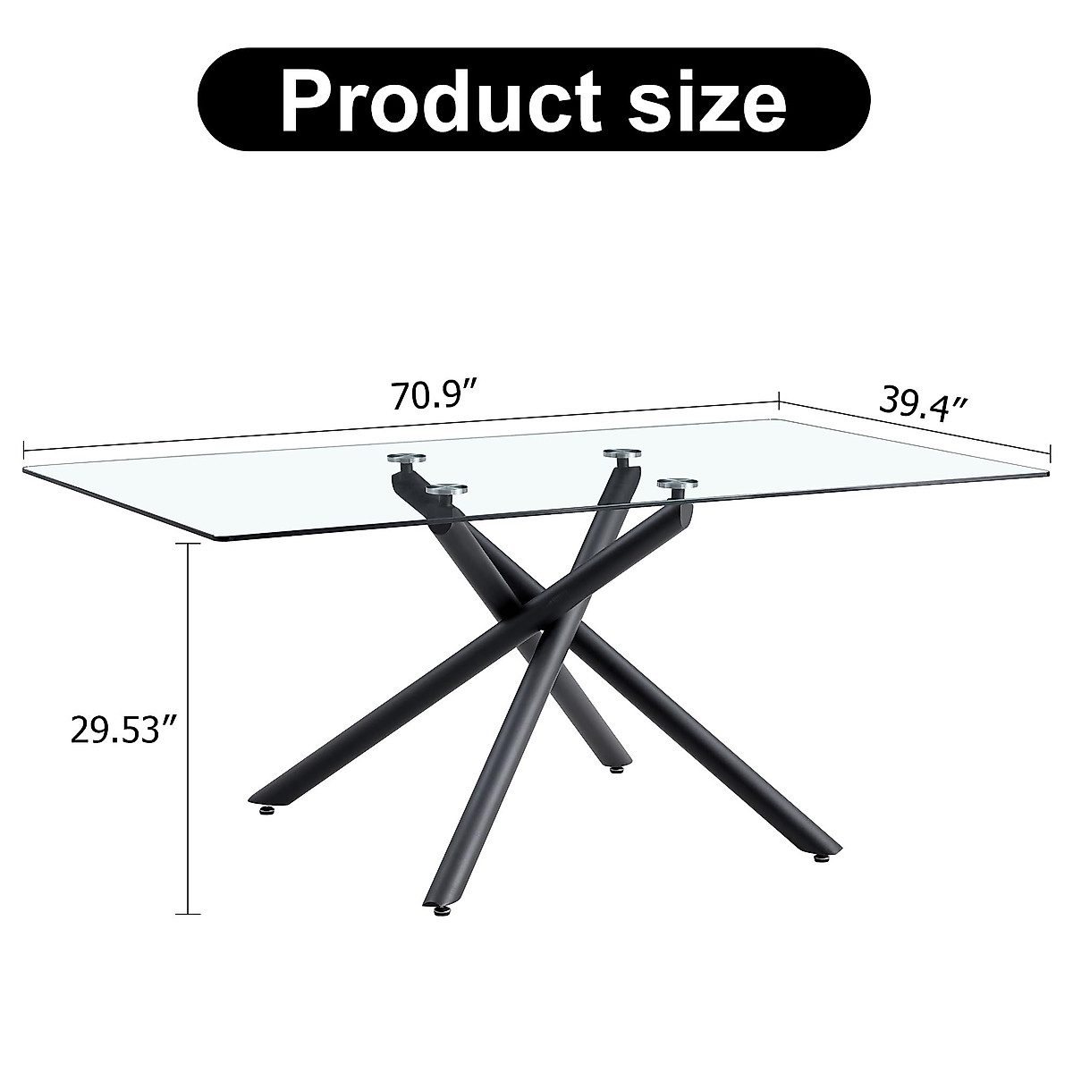 JBFF 71" Large 6-8, Modern 0.39" Tempered Glass Top Black Metal Pedestal Base, Easy Assemble, Mid-Century Rectangle Dinner Table for Dining, Living Room, Kitchen, Office