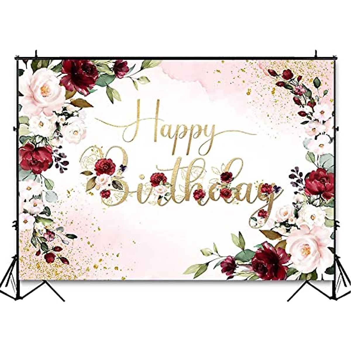 Avezano Happy Birthday Backdrop for Women Burgundy White and Red Rose Gold Glitter Bokeh Spots Photo Background Vinyl Birthday Party Decorations Banner Supplies (7x5ft)
