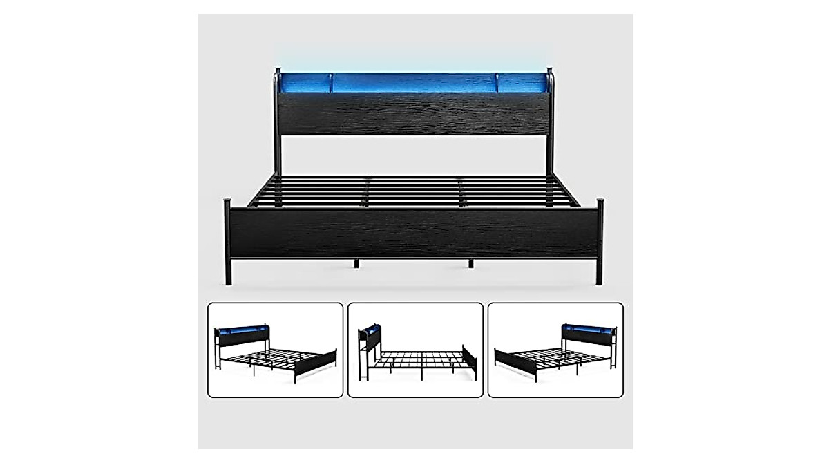 IKIFLY California King Bed Frame w/ Storage, Charging & LED