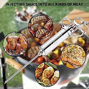 Meat Injector Syringe 2-oz Marinade Flavor Barrel 304 Stainless Steel with 3 Marinade Needles for BBQ Grill Smoker, Turkey, Fish, Brisket, Paper Silicone Brush and Instruction Included by Kendane