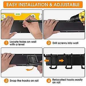 Garage Organization,Garage Tool Organizer with 6 Removable Hooks and 3Rails,Yard Tool Organizer For Garage 48 Inch,Tool Storage Organizer for Ski Gears, Chair, Broom, Mop, Rake Shovel Yard Tools