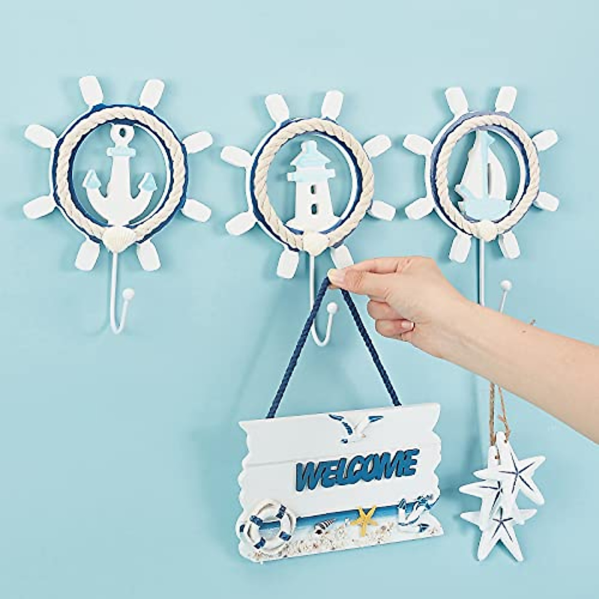 SUPERFINDINGS 3Pcs Mediterranean Style Iron Wall Hooks 3 Styles 8.3x5.9In Nautical Coat Hat Clothes Towel Wall Hooks Hanger Art Beach Coastal Decoration for Home Room Kitchen