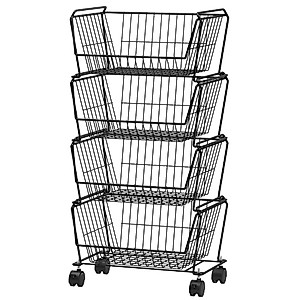 PUSDON 4-Tier Stackable Metal Storage Baskets, Anti-Rust Fruit Vegetable Rack, Dual Use Shelf for Kitchen, Home & Office, Black