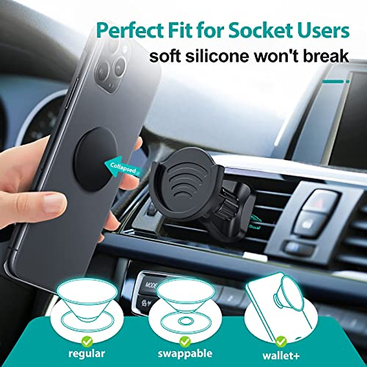 pop-tech Air Vent Phone Mount for Socket Grips, [Upgraded Clip] Universal Car Phone Holder Cradle for Swappable Collapsible Grip with Adjustable 360°Rotation Compatible with iPhone & Samgsung Galaxy