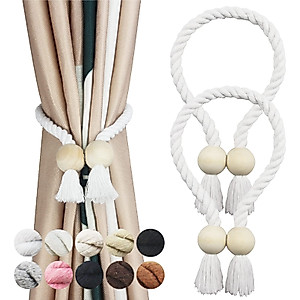 Porlau 2 Pack White Magnetic Curtain Tiebacks Cotton Hand Woven Tieback Holdback Decorative Tie Backs for Drapes with Wooden Buckle No Tools Required