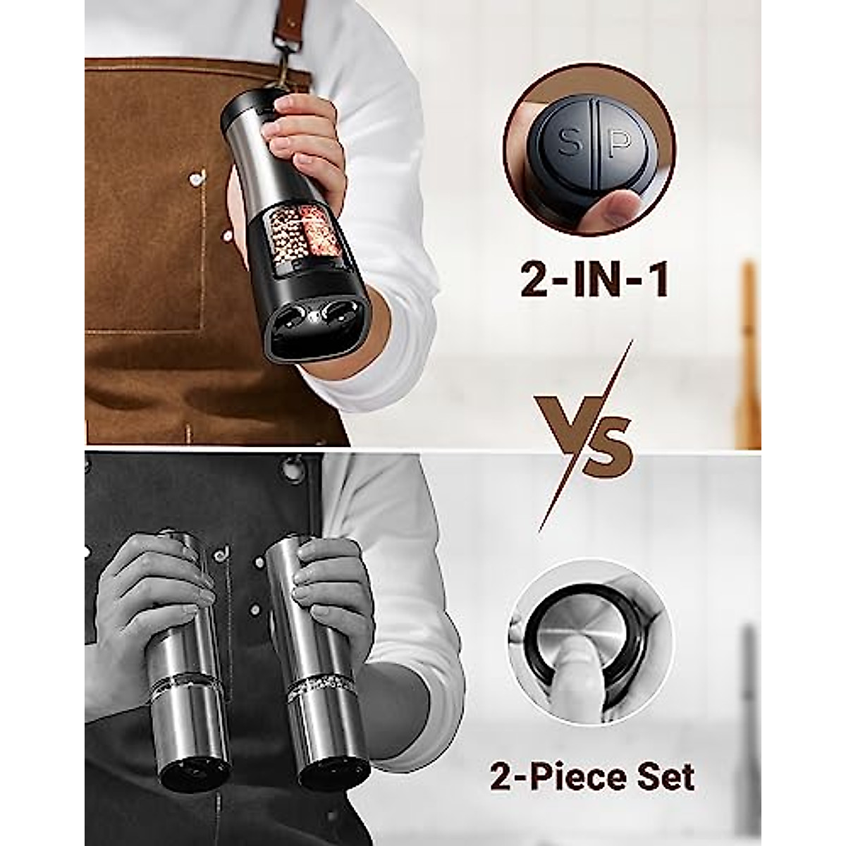 2 in 1 Electric Salt and Pepper Grinder Set Shaker USB Rechargeable, Sangcon Salt and Pepper Grinder Mill Set Dual In One, Automatic Refillable Adjustable Coarseness Ceramic Grinder with Light