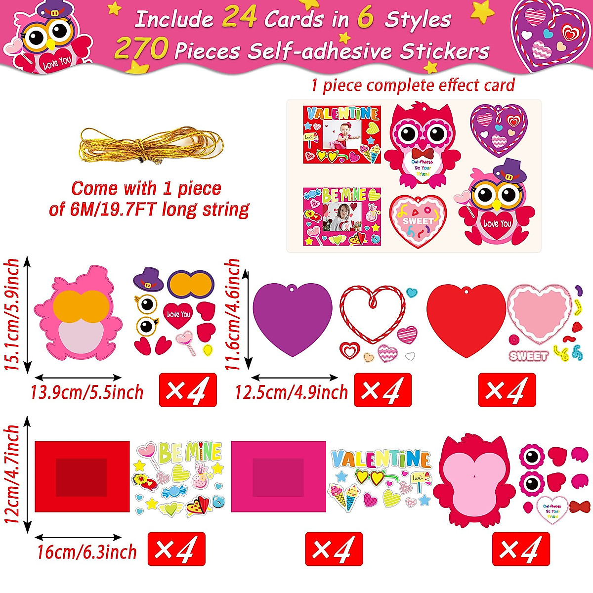 24 Packs Valentine’s Day Craft Kits for Kids Valentine’s Heart Owl Picture Frame DIY Art Craft Valentine’s Day Party Decoration Favor Home Classroom Game Activities