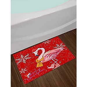 HVEST Christmas Flamingo Memory Foam Bath Mat, Flamingos in Santa Hat on The Red Background Non Slip Bath Rug Kitchen Mat Door Mat Washable Absorbent Bathroom Décor Rug, 16 X 24 Inches