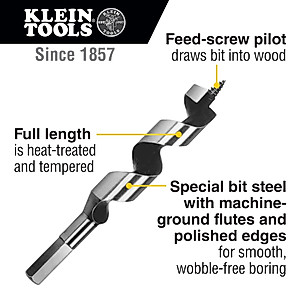 Klein Tools 53408 Steel Ship Auger Bit with Screw Point, 1-1/8-Inch x 4-Inch Twist Length For Drilling Through Wood with Nails