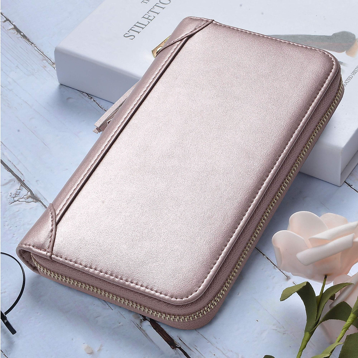 Easyoulife Credit Card Holder Wallet Womens Zipper Leather Case Purse RFID Blocking (Rose Gold)