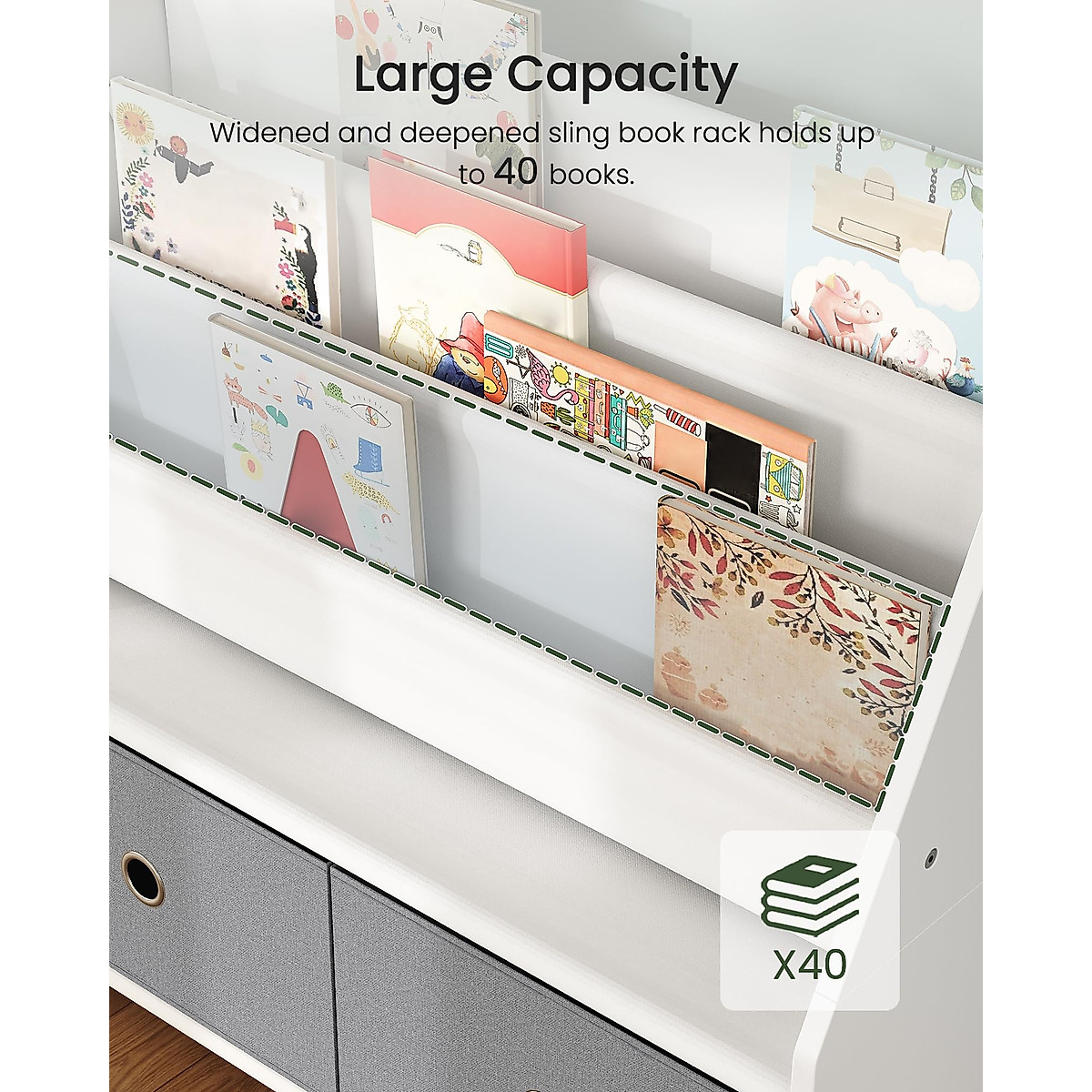 CHOEZON Kids Bookshelf and Toy Storage, 4 Tier Large Capacity Kids Book Rack, Sling Kids Bookcase, for Kids Room, Nursery, Playroom, White and Gray MCW06WT