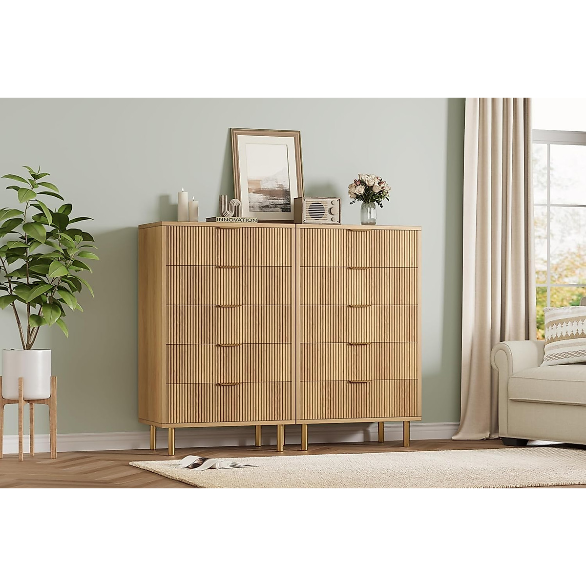 Natural Dresser, Modern 5 Drawer Dresser for Bedroom with Gold Handle and Large Drawer, Wood Double Chest of Drawers and Storage Organizer for Living Room, Hallway, Entryway