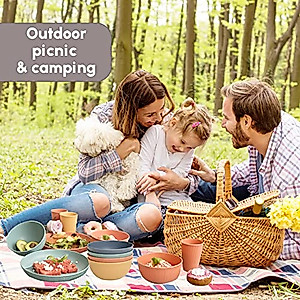 Wheat Straw Dinnerware Sets -Multicolor Dinnerware set w/Wheat Straw Plates, Bowls & Utensils - Dishwasher & Microwave-Safe Dishes Set for 4 - Seniors & Kids Plates and Bowls Sets by Slow Hour