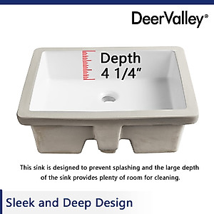 DeerValley DV-1U201 Ursa Rectangular Undermount Bathroom Sink, 20“ Modern Vessel Sink White Undermount Bathroom Sink Rectrangle Porcelain Ceramic Lavatory Vanity Vessel Sink with Overflow