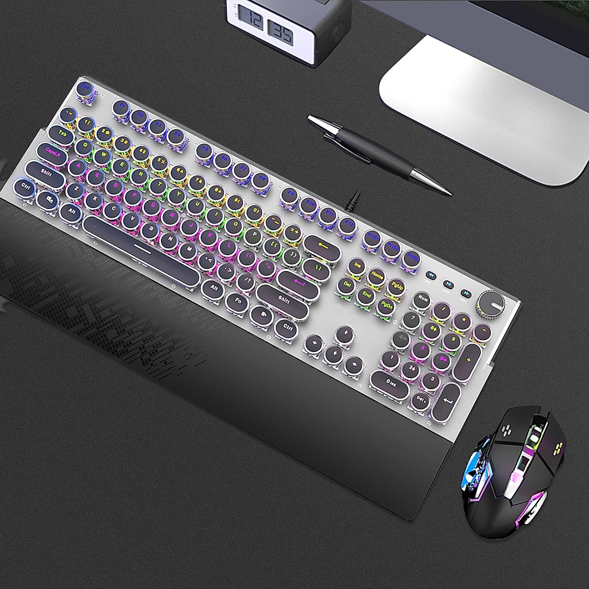 Mechanical Gaming Keyboard with Mouse Combo Multifunctional Mouse Pad 104 Keys White LED Backlit Keyboard with Palm Wrist Typewriter-Style USB Wired Gaming Keyboard for PC Mac Laptop