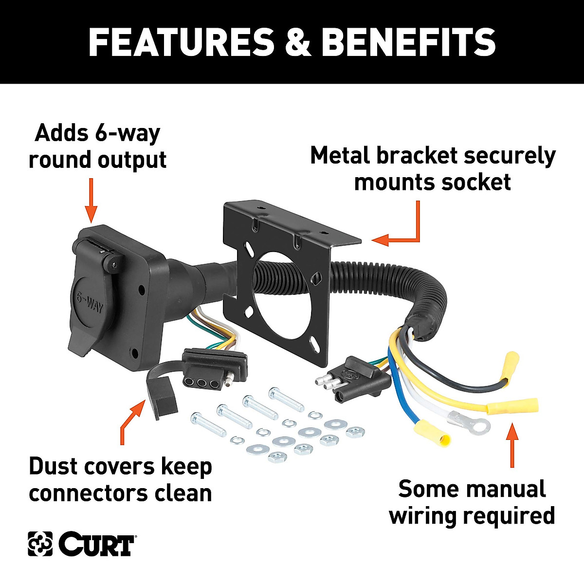 CURT 57604 Dual-Output 4-Way Flat Vehicle-Side to 6-Way Round Trailer Wiring Adapter