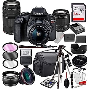 Rebel T7 DSLR Camera with 18-55mm f/3.5-5.6 is II Zoom Lens & 75-300mm III Lens Bundle + 64GB Memory, Case, Tripod, Extra Battery and More