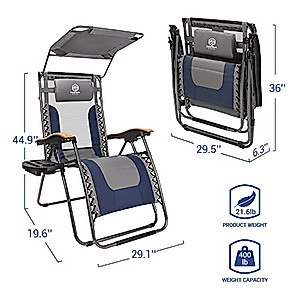 Coastrail Outdoor Zero Gravity Chair with Shade, 400lbs Capacity Mesh Back Padded Reclining Lounge Chair Plus Cup Holder, Table for Yard Patio Lawn Blue