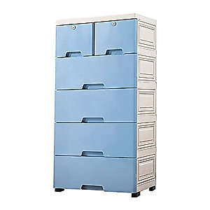LOYALHEARTDY Bedroom Furniture Cabinet Plastic 6 Drawers with Lock Storage Cabinet with Wheel Small Chest Closet Organizer for Clothes Playroom Hallway Toys (Blue)
