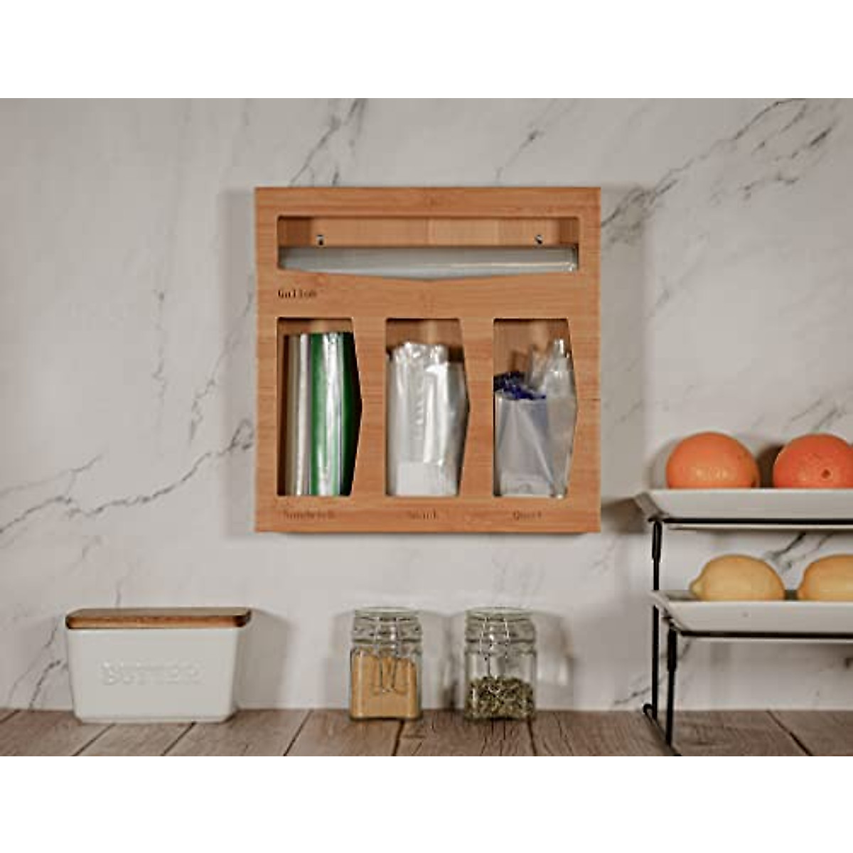 ENOPA's Ziplock Bag Storage Organizer for Kitchen Drawer, Bamboo Plastic Baggie Holder/ Dispenser, compatible with all brands for gallon, quart, sandwich and snack variety size bags