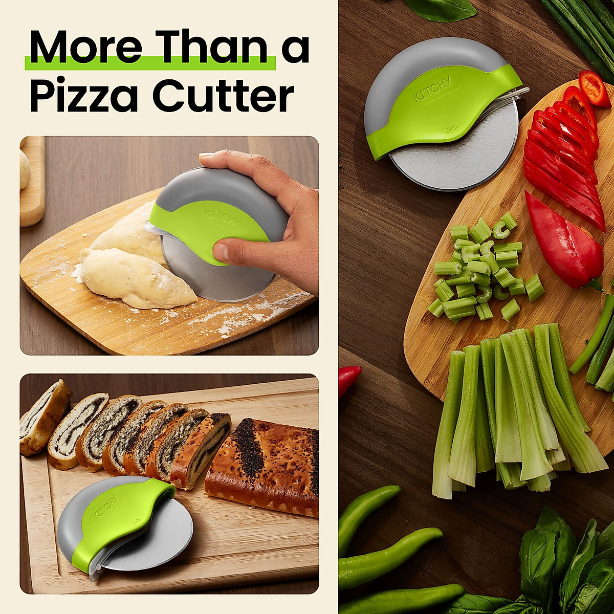 Kitchy Pizza Cutter Wheel - No Effort Pizza Slicer with Protective Blade Guard and Ergonomic Handle - Super Sharp and Dishwasher Safe (Green)