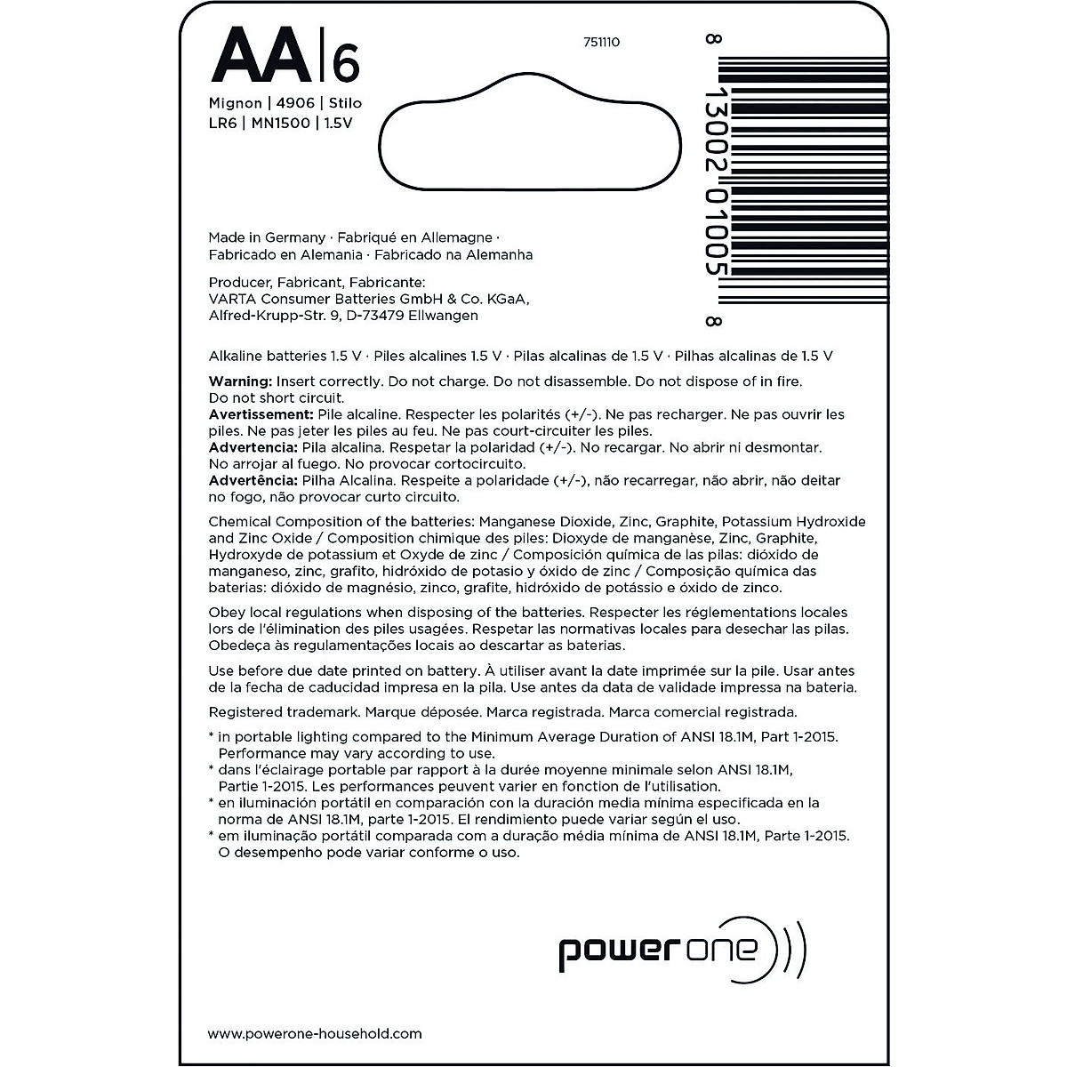 Power ONE LONGLIFE Power AA Battery Long Performing Alkaline Batteries Made in Germany with Up to 10 Years Shelf Life - Pack of 6