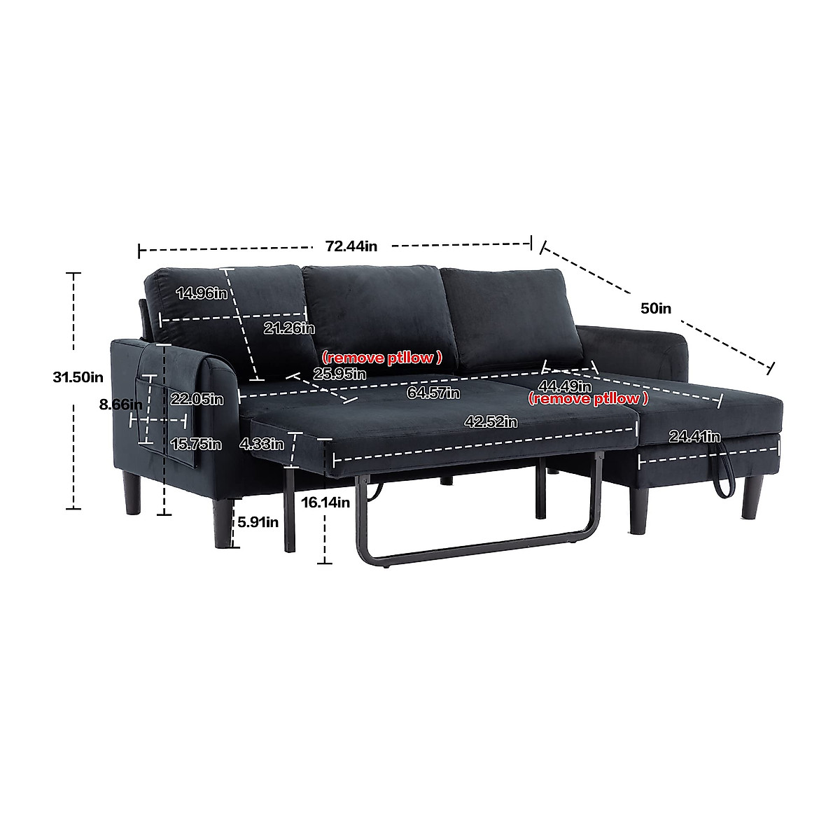 PEIHONGET Sleeper Sectional Sofa, 72.44" Velvet L-Shape 3 Seat with Pull Out Bed, Sectional Sofa Couch with Storage Chaise Living Room Bedroom Apartment(Black)