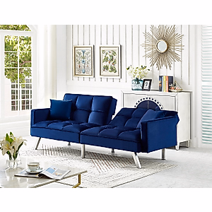 Legend Vansen 80'' Velvet Love seat Convertible Futon Two Pillows, Sleeper Couch with 3 Adjustable Backrests Sofa Bed, Large Sleeping Area Sofabed, Blue